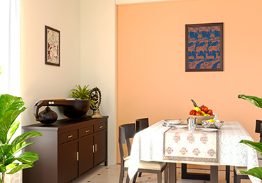 Orange Dining Room Design with an Open Window Treatment